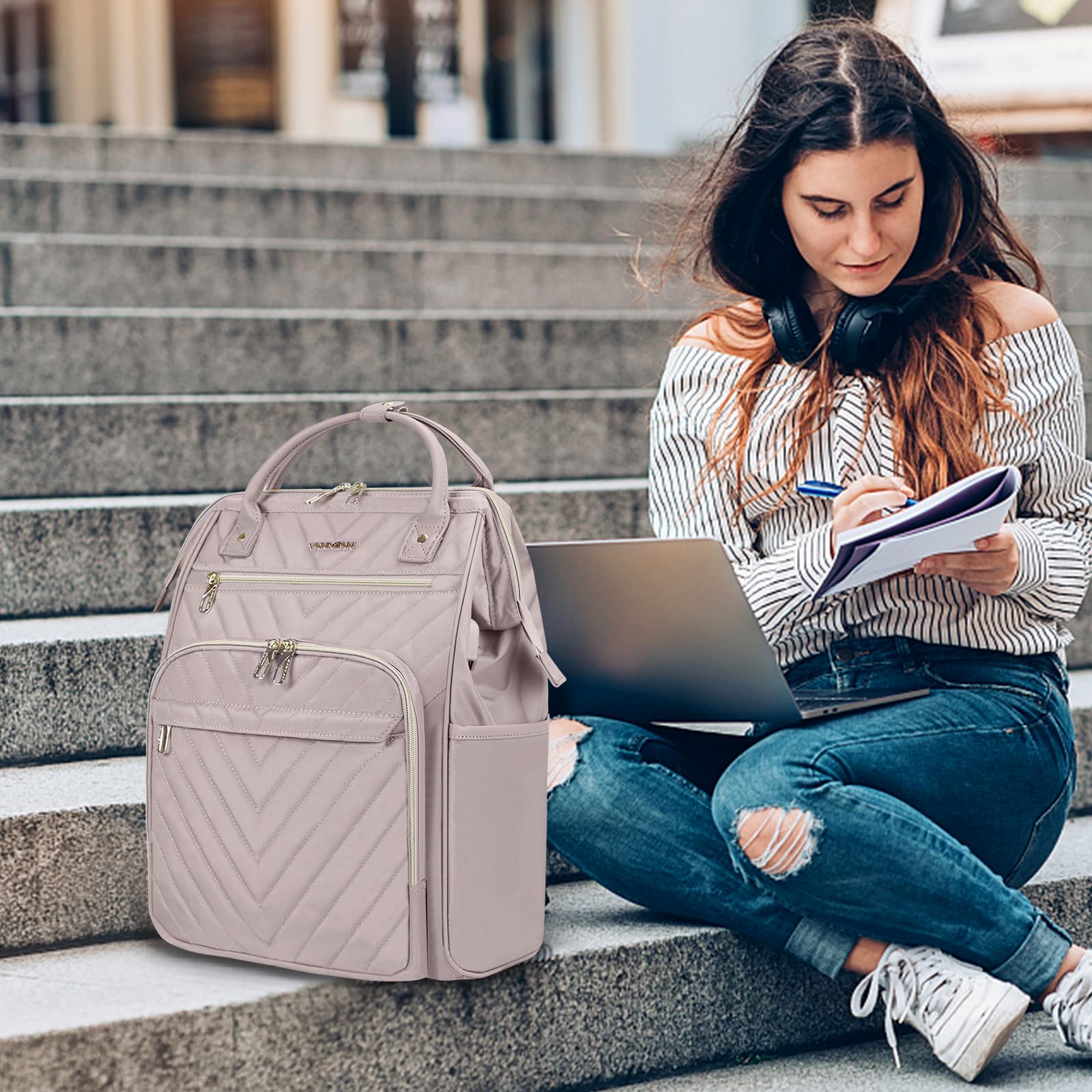 VANKEAN 17 Inch Laptop Backpack for Women Men Fashion Computer Work Bag, Large Capacity Waterproof Backpack with USB Port & RFID Pockets, College Daypack Business Travel Backpack, Light Dusty Pink