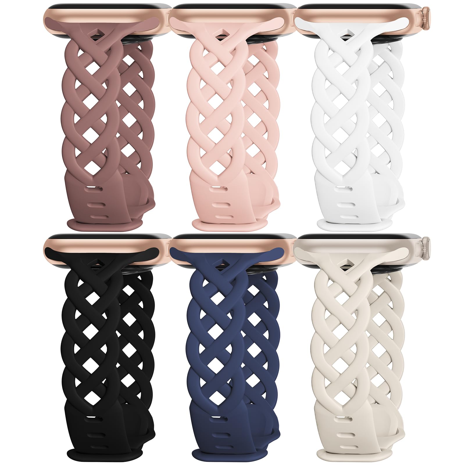 6 Pack Braided Silicone Bands Compatible with Apple Watch Band/iWatch Bands Women 38mm 40mm 41mm 44mm 45mm, Slim Replacement Strap Breathable Sport Wristband for iWatch Series 9 SE 8/7/6/5/4/3/2/1