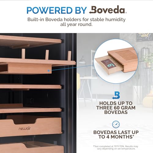 NewAir x Boveda 500 Count Electric Humidor, Spanish Cedar Shelves with Temperature Control, Cigar Humidor Box with Built-In Boveda Humidity Control in Stainless Steel