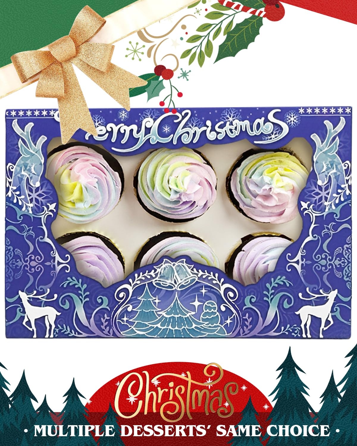 qiqee Christmas 6 Cupcake Boxes with Window 30 Packs BluePurple Cupcake Box 9"x6.1"x3.3" Bakery Boxes For Cupcakes Carrier, Cupcake Containers