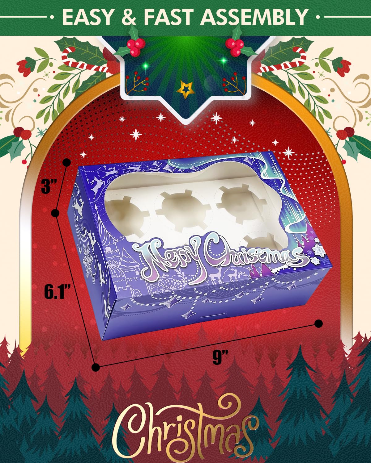 qiqee Christmas 6 Cupcake Boxes with Window 30 Packs BluePurple Cupcake Box 9"x6.1"x3.3" Bakery Boxes For Cupcakes Carrier, Cupcake Containers