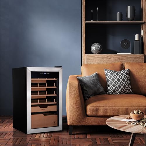 NewAir x Boveda 500 Count Electric Humidor, Spanish Cedar Shelves with Temperature Control, Cigar Humidor Box with Built-In Boveda Humidity Control in Stainless Steel