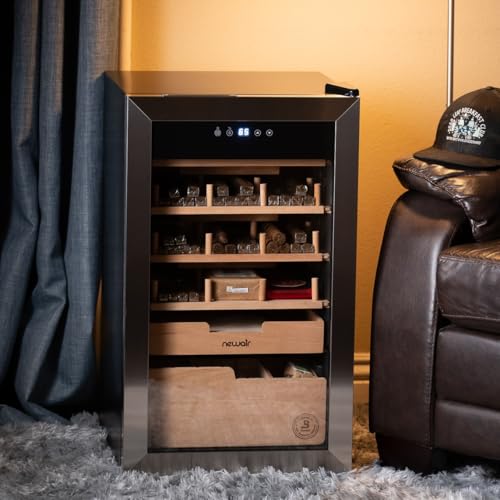 NewAir x Boveda 500 Count Electric Humidor, Spanish Cedar Shelves with Temperature Control, Cigar Humidor Box with Built-In Boveda Humidity Control in Stainless Steel