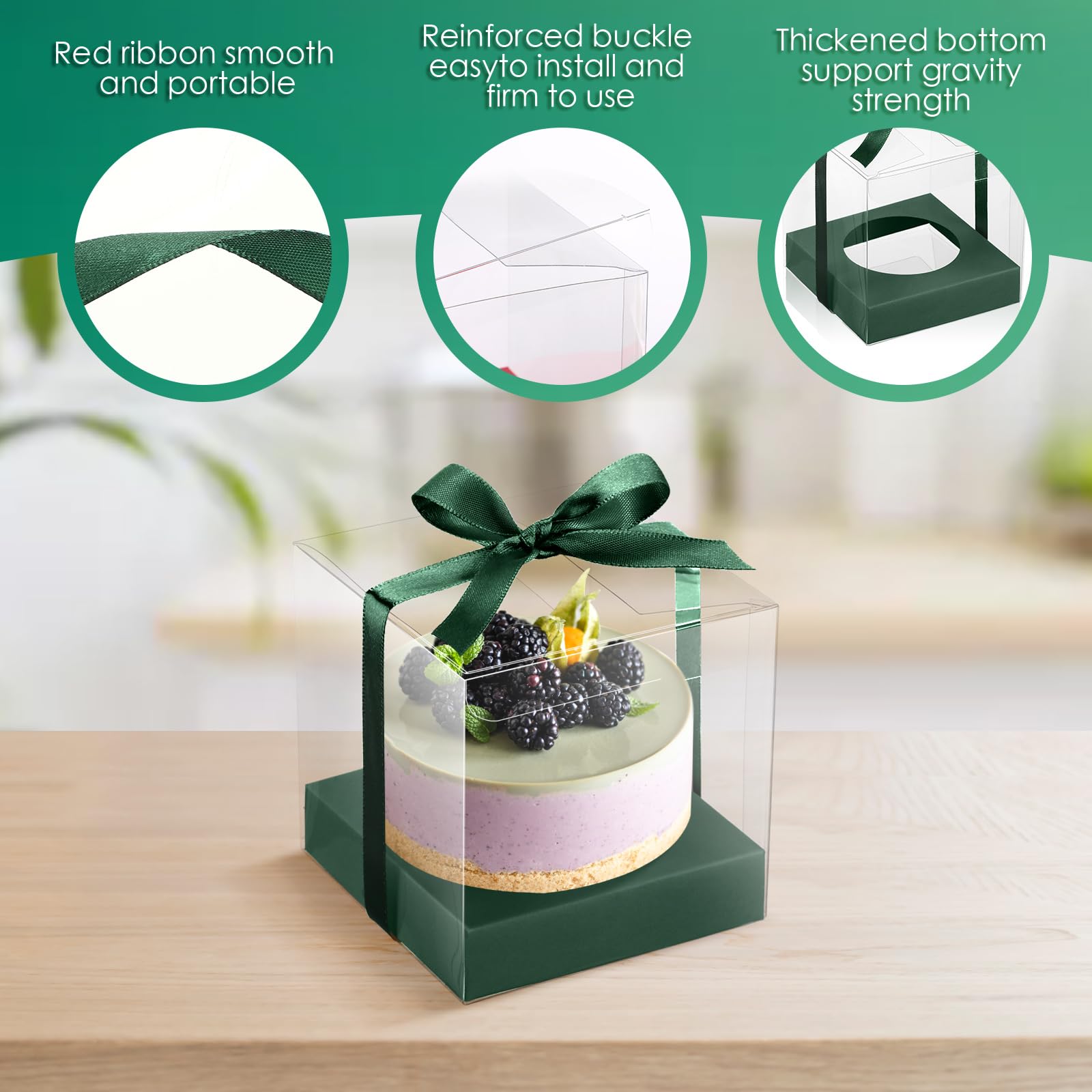 Thenshop 50 Pcs Clear Cupcake Boxes Individual 3.5 Inch Plastic Single Cupcake Containers Boxes with Inserts and Ribbon Individual Cake Storage Holders for Cake Kitchen(Green)