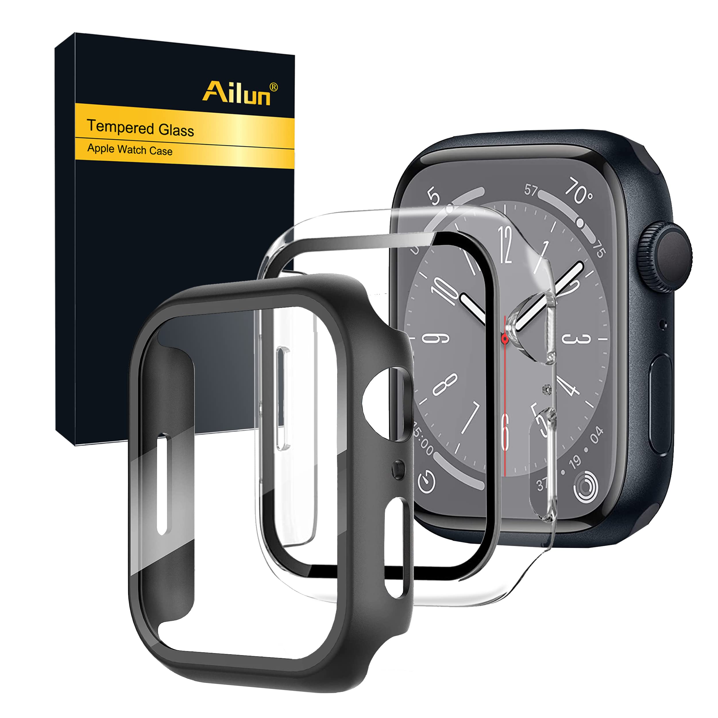 Ailun for Apple Watch Series 9 & 8 & 7 Screen Protector Case [41mm], Ultra-Thin Hard PC Case Built in Tempered Glass for iWatch, Shockproof Cover with Button [2 Pack][Black+Clear]