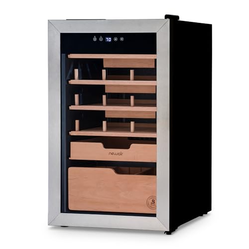 NewAir x Boveda 500 Count Electric Humidor, Spanish Cedar Shelves with Temperature Control, Cigar Humidor Box with Built-In Boveda Humidity Control in Stainless Steel