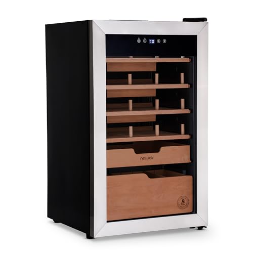 NewAir x Boveda 500 Count Electric Humidor, Spanish Cedar Shelves with Temperature Control, Cigar Humidor Box with Built-In Boveda Humidity Control in Stainless Steel