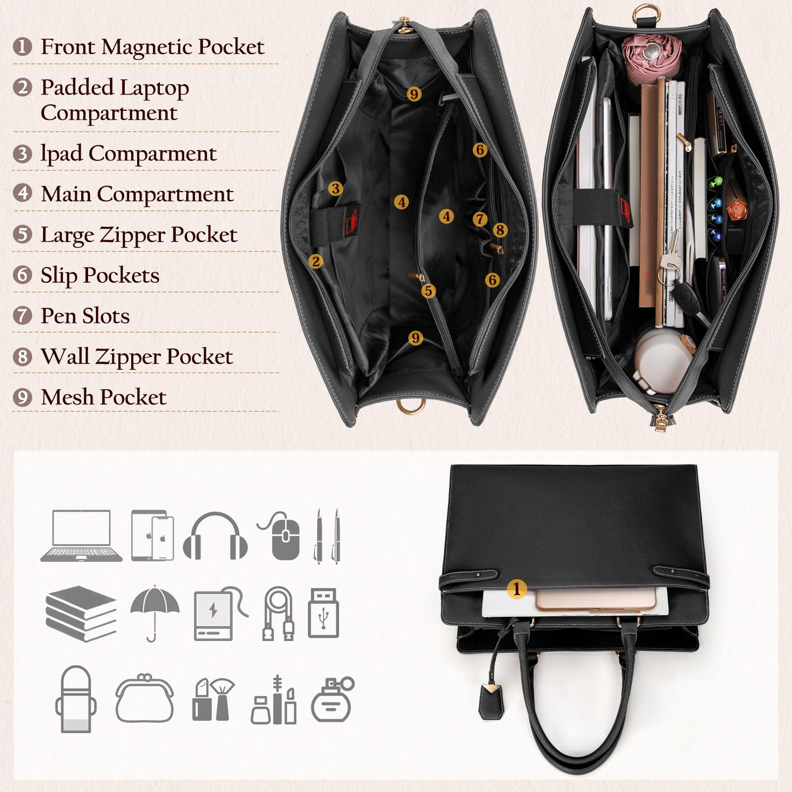 IGOLUMON Laptop Bag for Women 15.6 Inch Leather Tote Bag Professional Work Bag Waterproof Computer Briefcase Large Capacity Handbag Shoulder, Black