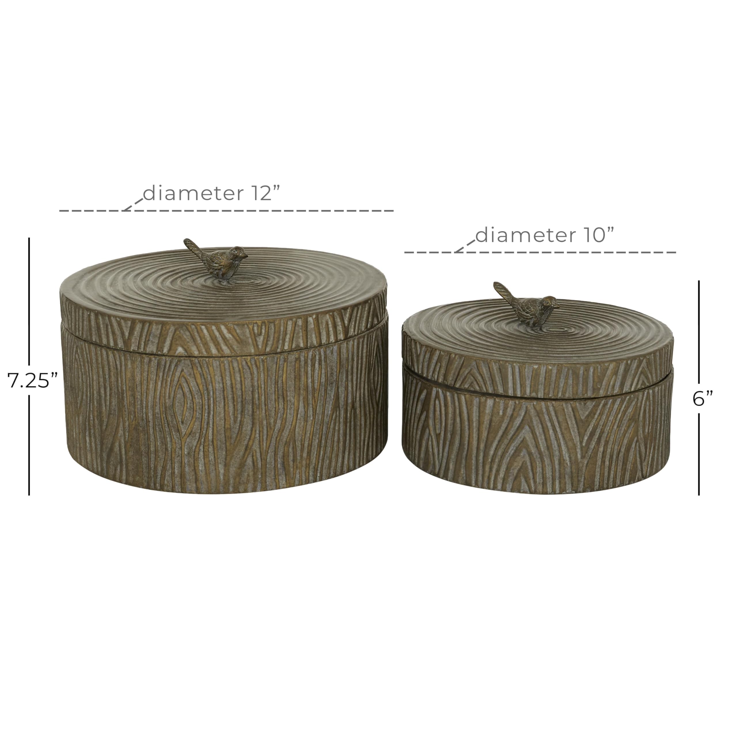 Deco 79 Metal Bird Living Room Decorative Jars Carved Decorative Container, Set of 2 Jar with Lid 7", 6"H, Bronze