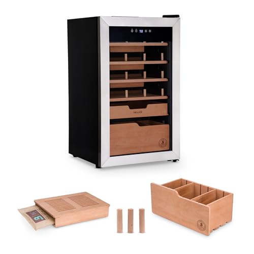 NewAir x Boveda 500 Count Electric Humidor, Spanish Cedar Shelves with Temperature Control, Cigar Humidor Box with Built-In Boveda Humidity Control in Stainless Steel