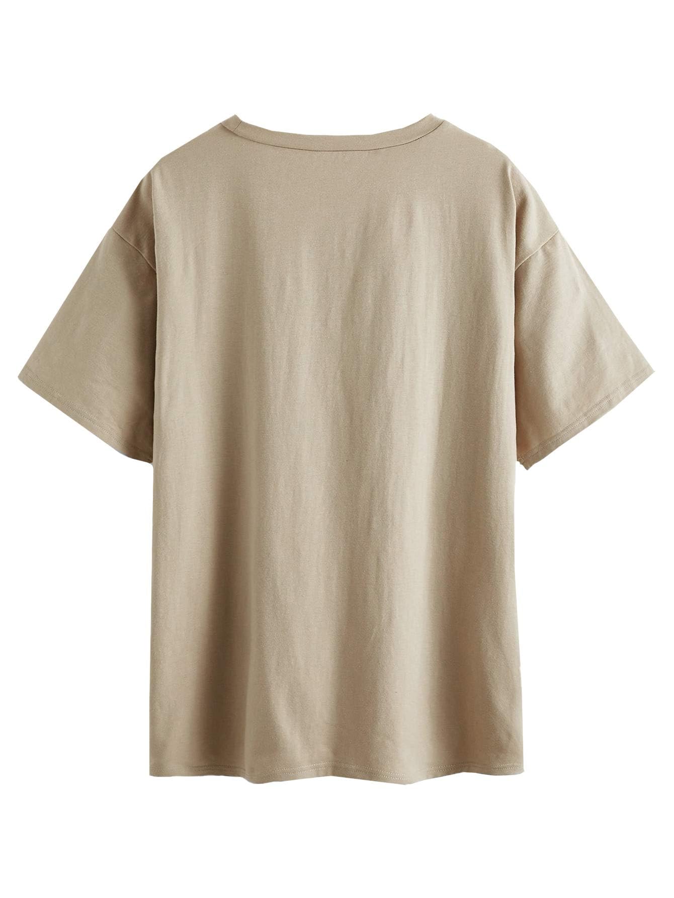 SOLY HUX Women's Graphic Oversized Tees Letter Print Summer Tops Vintage Half Sleeve Loose Casual T Shirts Beige/Black XXL