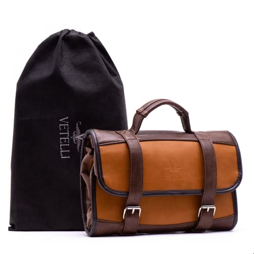 Vetelli Foldable Hanging Leather Travel Toiletry Bag for Men with 2 Zippered Internal Pockets, 2 Snap-Fastened Internal Pockets, and Hanging Hook