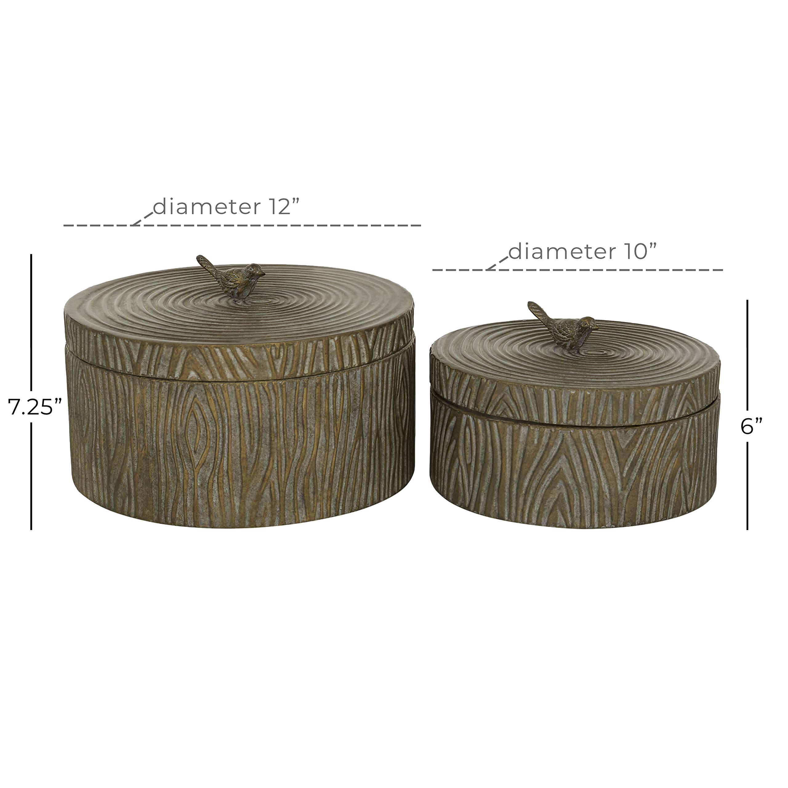 Deco 79 Metal Bird Living Room Decorative Jars Carved Decorative Container, Set of 2 Jar with Lid 7", 6"H, Bronze