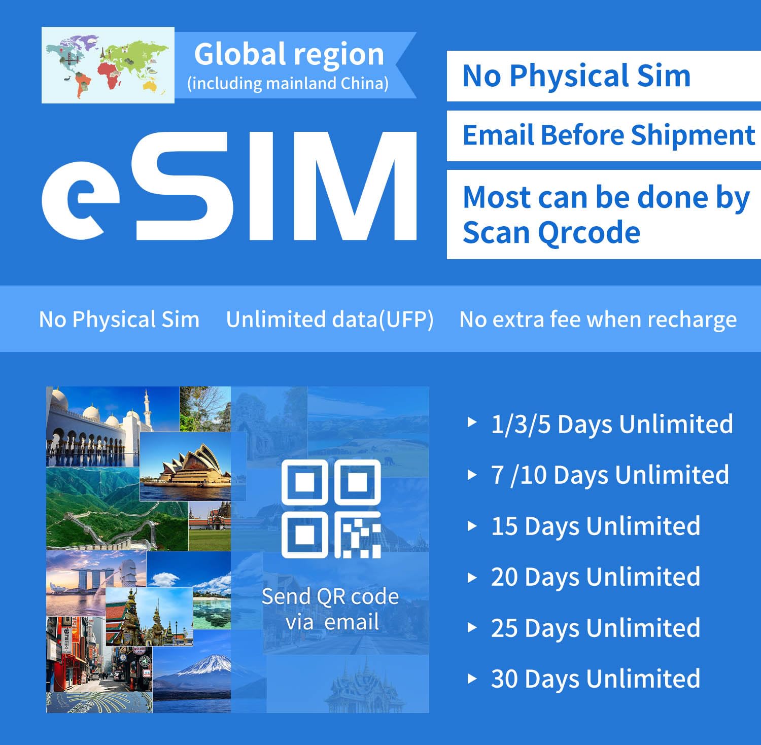 [UDBAC] Global eSIM Data Only SIM Card 1~30Days Travel Internet Prepaid 4G-LTE High -Speed Traffic 500MB/Day Unlimited Low Speed Traffic (Online Delivery) (3 Days Unlimited)