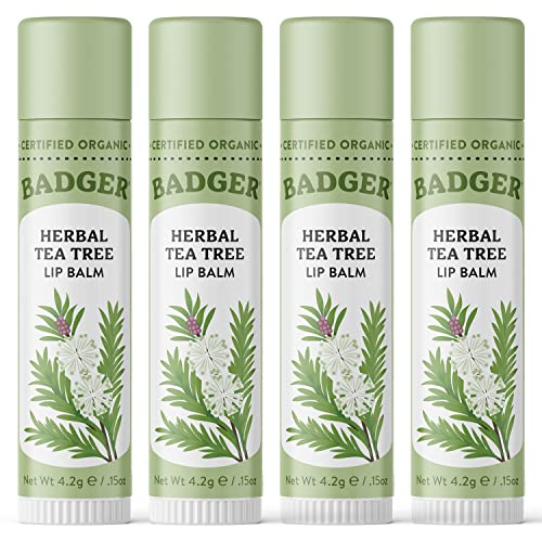 Badger - Herbal Lip Balm, Tea Tree & Lemon, Certified Organic Lip Balm, Fair Trade, Herbal Lip Care, 0.15 oz (4 Pack)