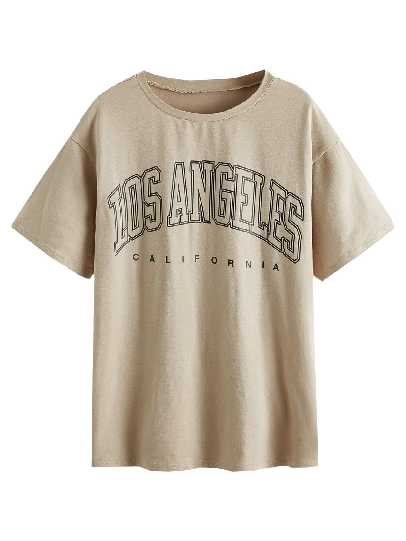 SOLY HUX Women's Graphic Oversized Tees Letter Print Summer Tops Vintage Half Sleeve Loose Casual T Shirts Beige/Black XXL