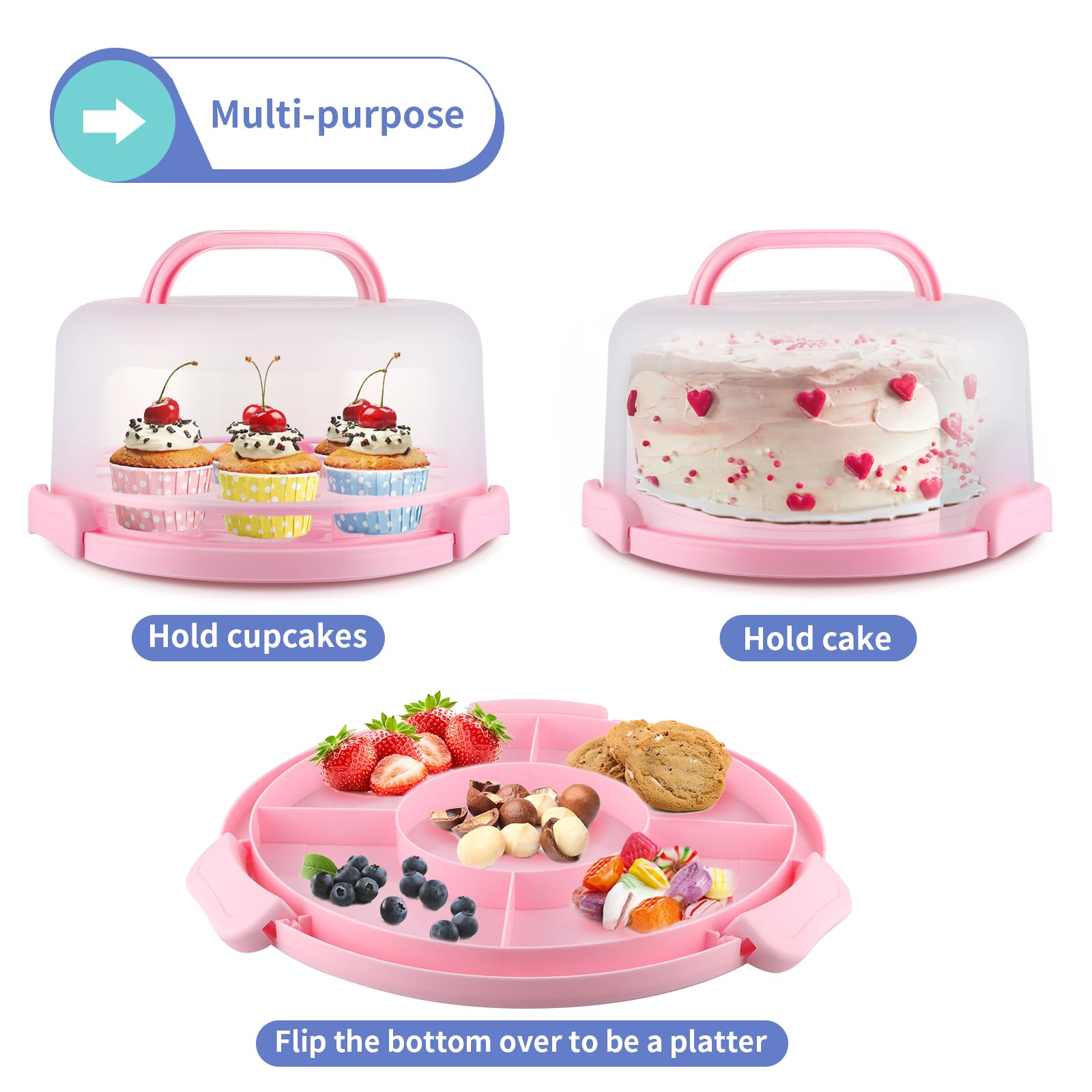 MOLIGOU 10 Inch Cake Carrier with Lid and Handle, Cupcake Carrier Fits 11 Cupcakes, Cake Holder Container with Three Secure Side Closures