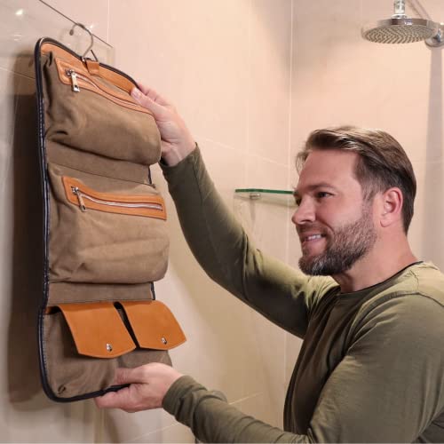 Vetelli Foldable Hanging Leather Travel Toiletry Bag for Men with 2 Zippered Internal Pockets, 2 Snap-Fastened Internal Pockets, and Hanging Hook