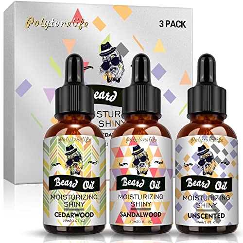 Polytonelife Beard Oil Set for Men, 3 Pack Natural Sandalwood, Unscented, Cedarwood Secnt, Ideal Gifts for Husband Boyfriend Dad