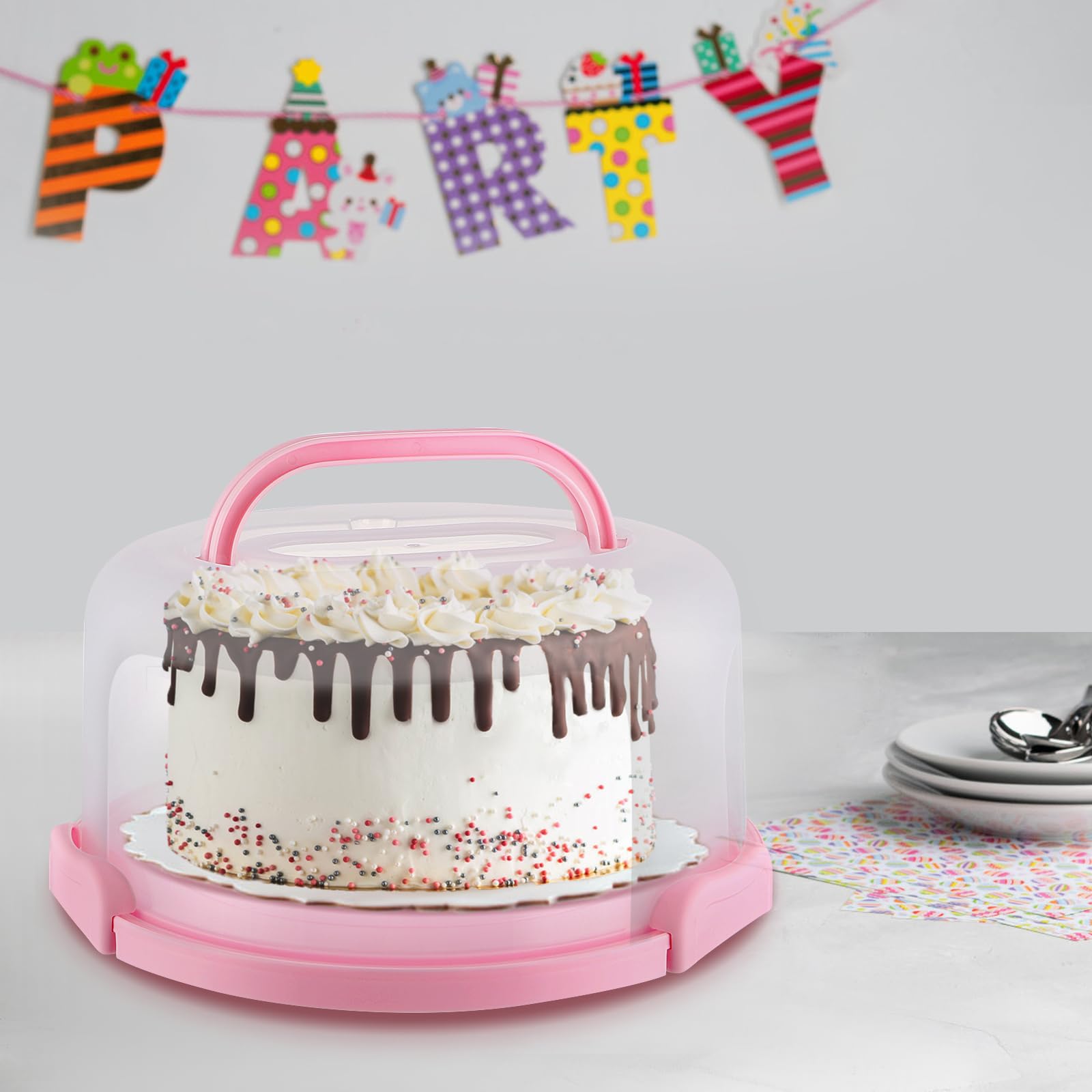 MOLIGOU 10 Inch Cake Carrier with Lid and Handle, Cupcake Carrier Fits 11 Cupcakes, Cake Holder Container with Three Secure Side Closures