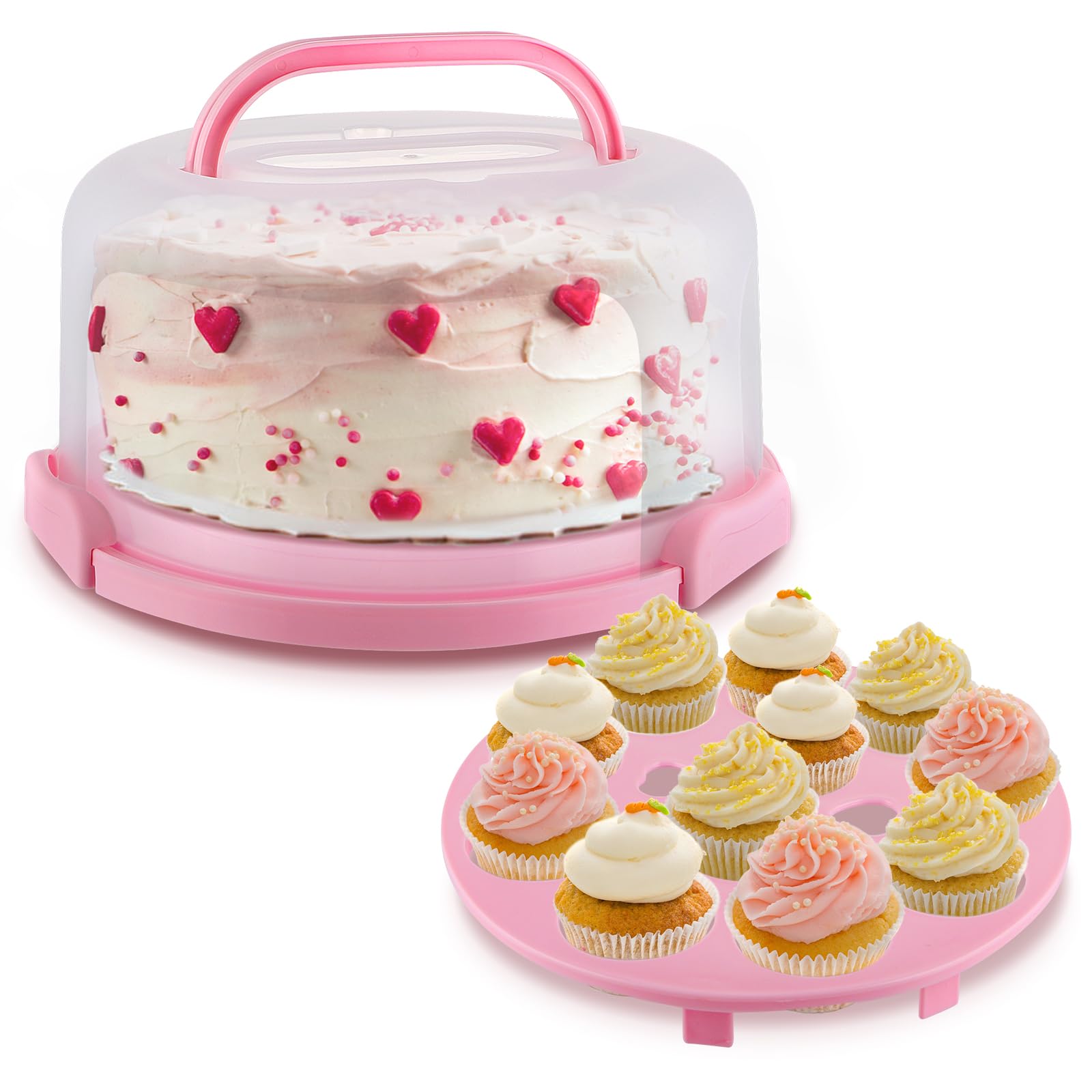 MOLIGOU 10 Inch Cake Carrier with Lid and Handle, Cupcake Carrier Fits 11 Cupcakes, Cake Holder Container with Three Secure Side Closures