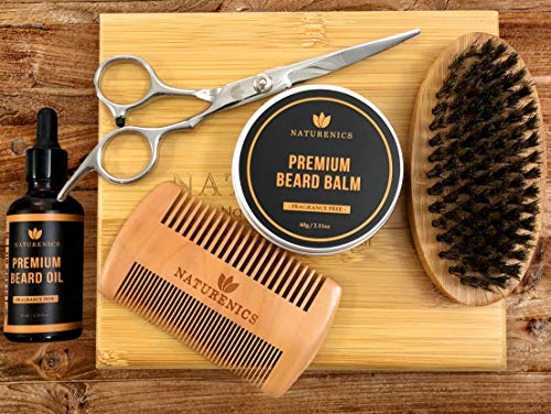 Naturenics Premium Beard Grooming Kit for Men - 100% Organic Unscented Beard Oil, Beard Balm Butter Wax, Beard Brush, Beard Comb, Beard Scissors for Beard & Mustache-with Bamboo Box & eBook