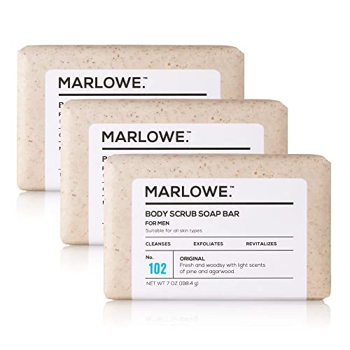 MARLOWE. No. 102 Men's Body Scrub Soap 7 oz (3 Bars) | Best Exfoliating Bar for Men | Made with Natural Ingredients | Amazing Scent | New Packaging - Same Great Formula