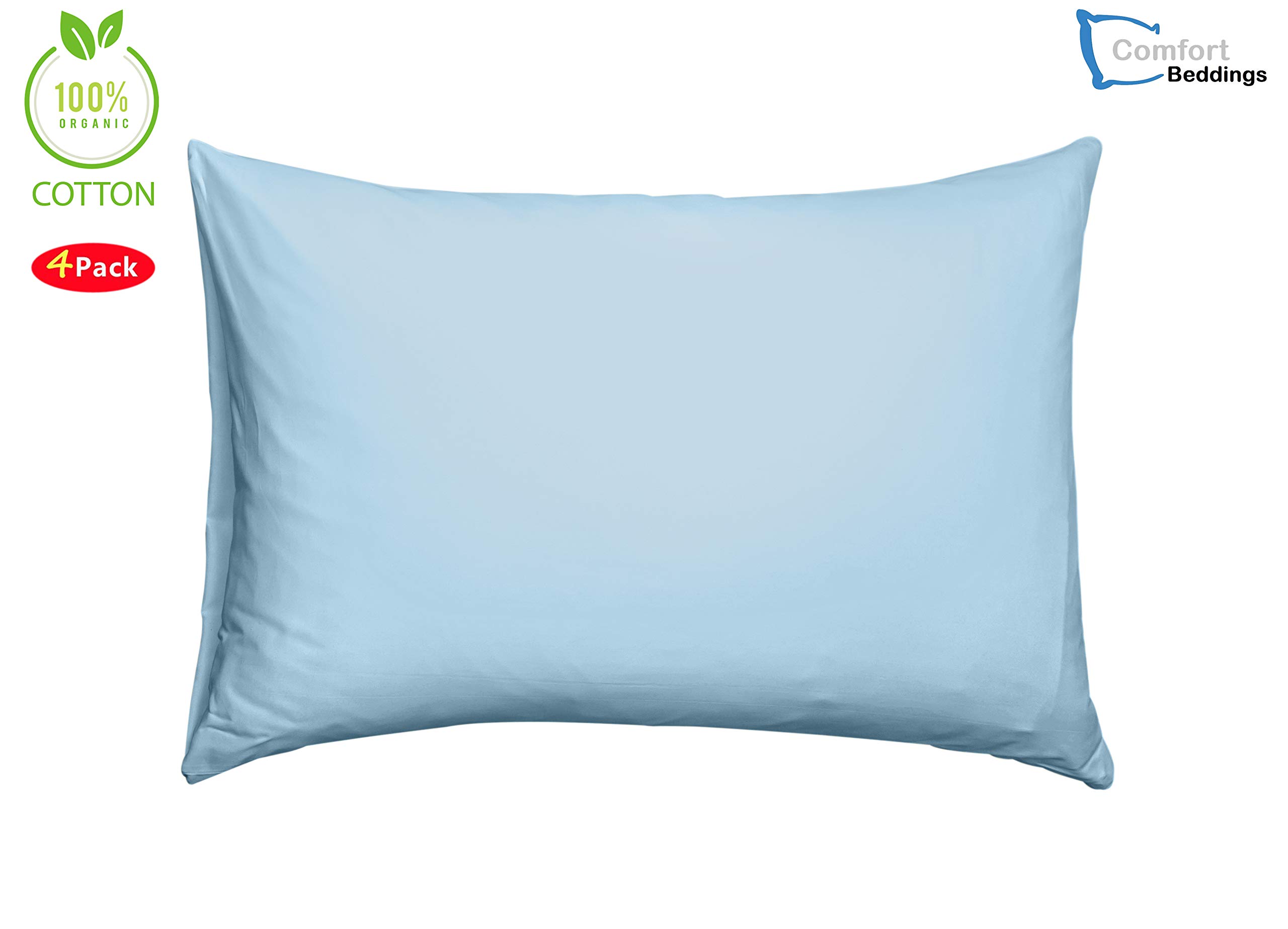 Comfort Beddings King Pillow Cases Set of 4 Light Blue 100% Organic Cotton 600 Thread Count Premium Light Blue Cotton Pillowcases, King Pillowcase Pillow Covers, 20 x 40 inch