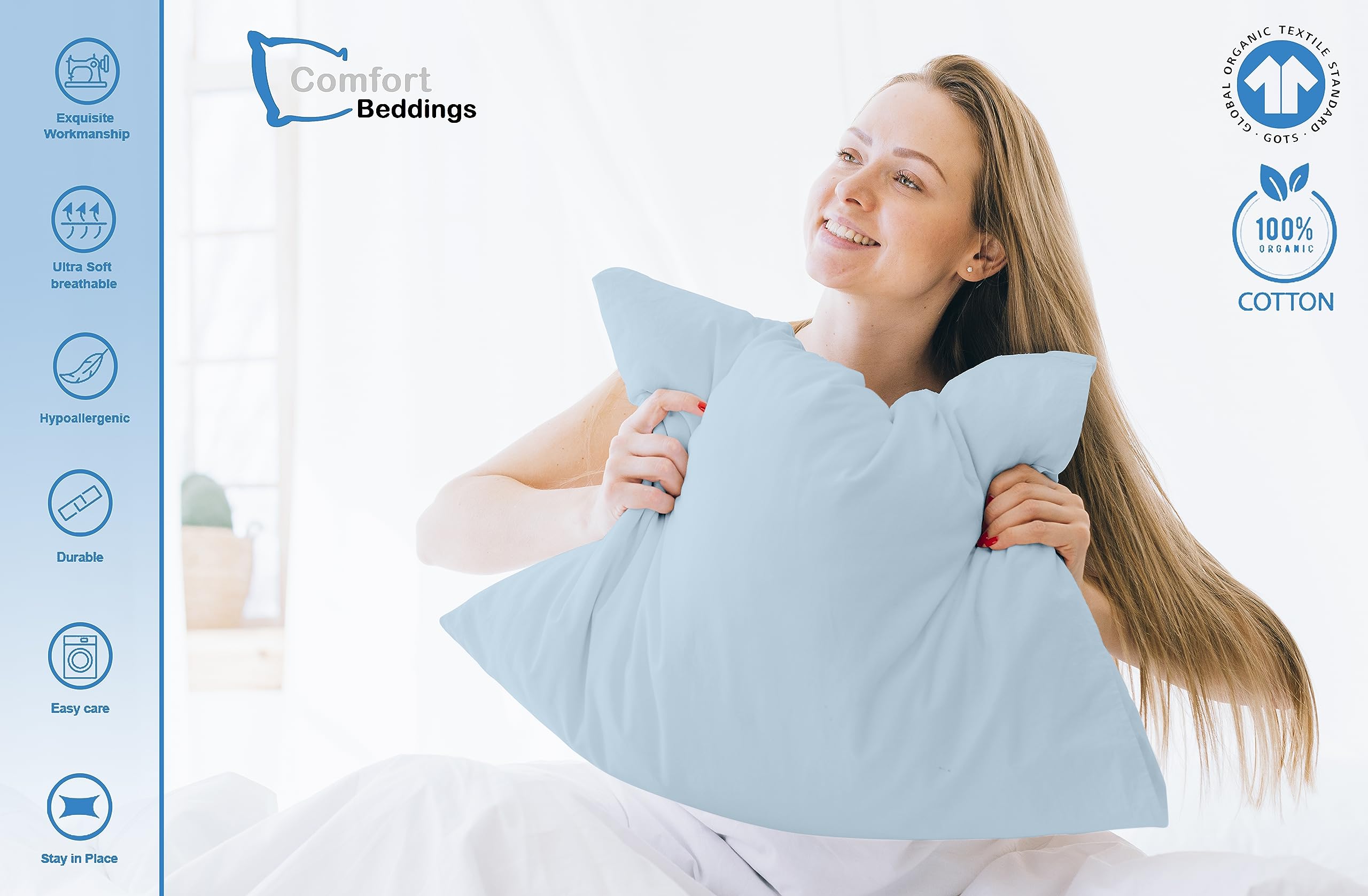 Comfort Beddings King Pillow Cases Set of 4 Light Blue 100% Organic Cotton 600 Thread Count Premium Light Blue Cotton Pillowcases, King Pillowcase Pillow Covers, 20 x 40 inch