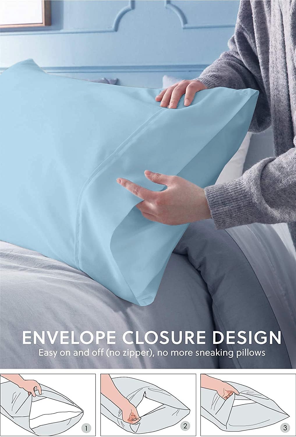 Comfort Beddings King Pillow Cases Set of 4 Light Blue 100% Organic Cotton 600 Thread Count Premium Light Blue Cotton Pillowcases, King Pillowcase Pillow Covers, 20 x 40 inch