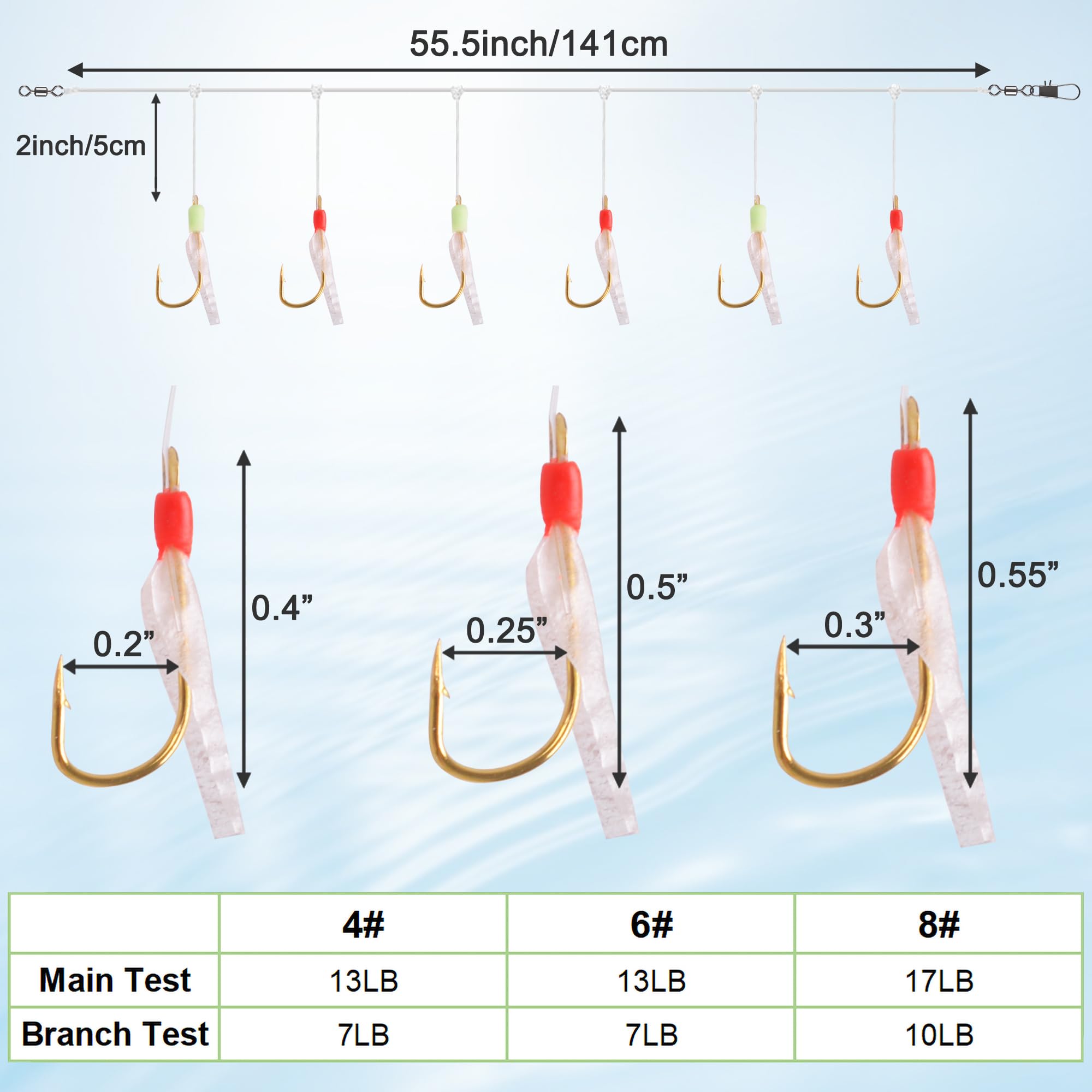 OROOTL Fishing Bait Rigs Saltwater, 6 Packs Surf Fishing Rigs with Sharp Hooks Fish Skin Feather Swivel Snap Glow Saltwater Lures Sea Bass Cod Herring Hook Rig Size 4 6 8