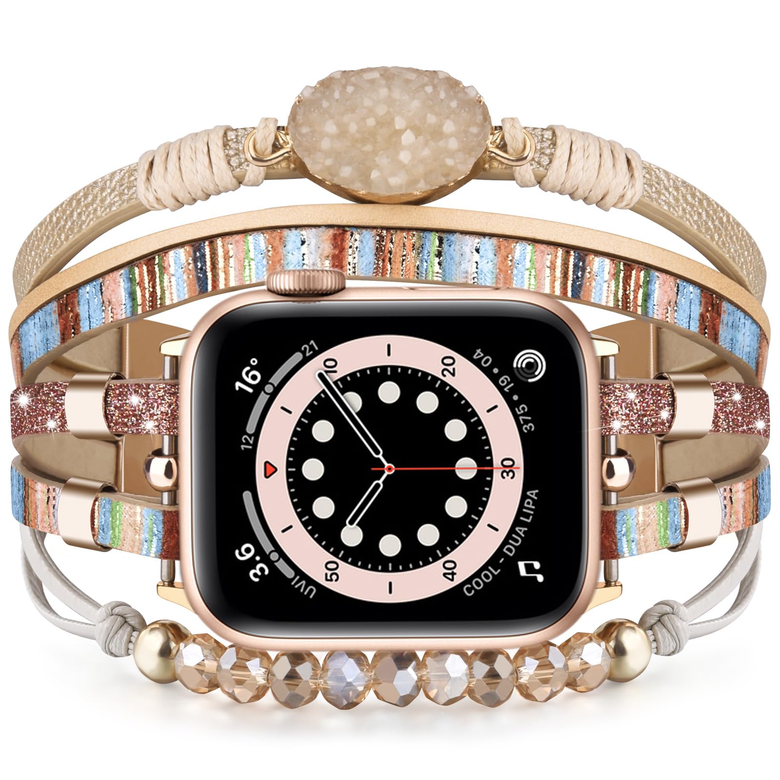 VISOOM Beaded Boho Bracelet Compatible for Apple Watch Band 40mm/38mm/41mm/42mm Series 10 9 8 7 SE Series 6/5/4 Women Leather Fashion Cute Handmade Multilayer Wrap Watch Strap for iWatch Bands 3/2/1