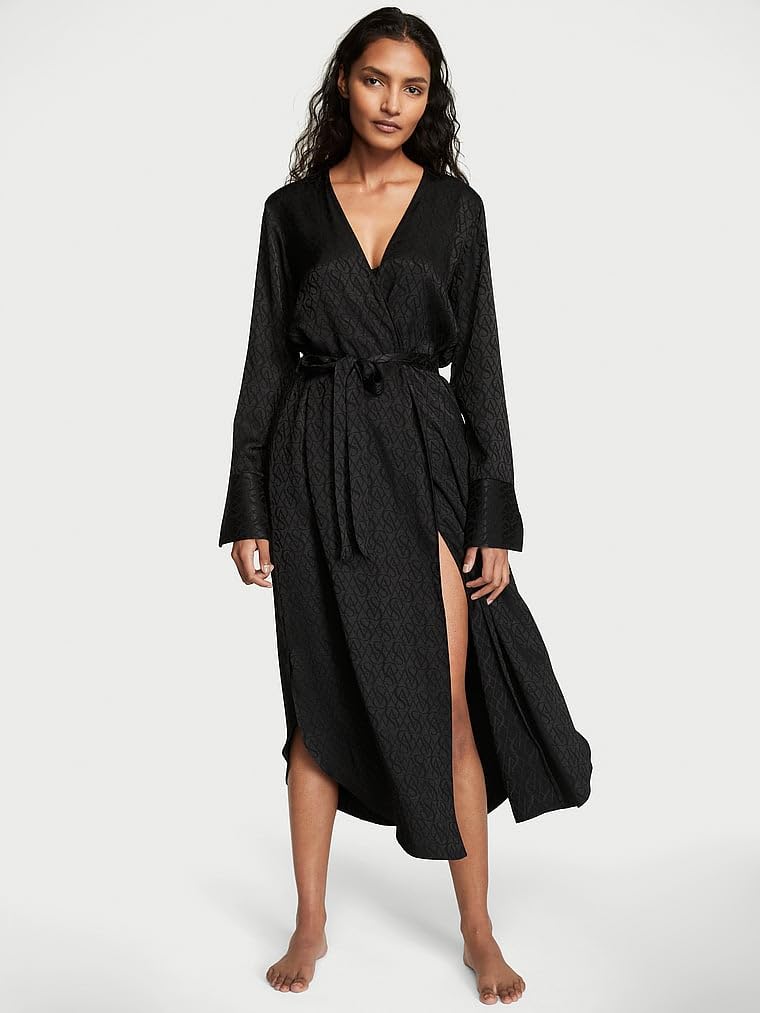 Victoria's Secret Icon Satin Long Robe, VS Logo Kimono, Women's Lingerie, Black (XS/S)