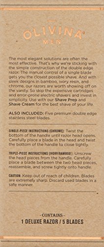 Olivina Men Safety Razor + 5 Stainless Steel Blades, Chrome Handle, 6-Piece Set
