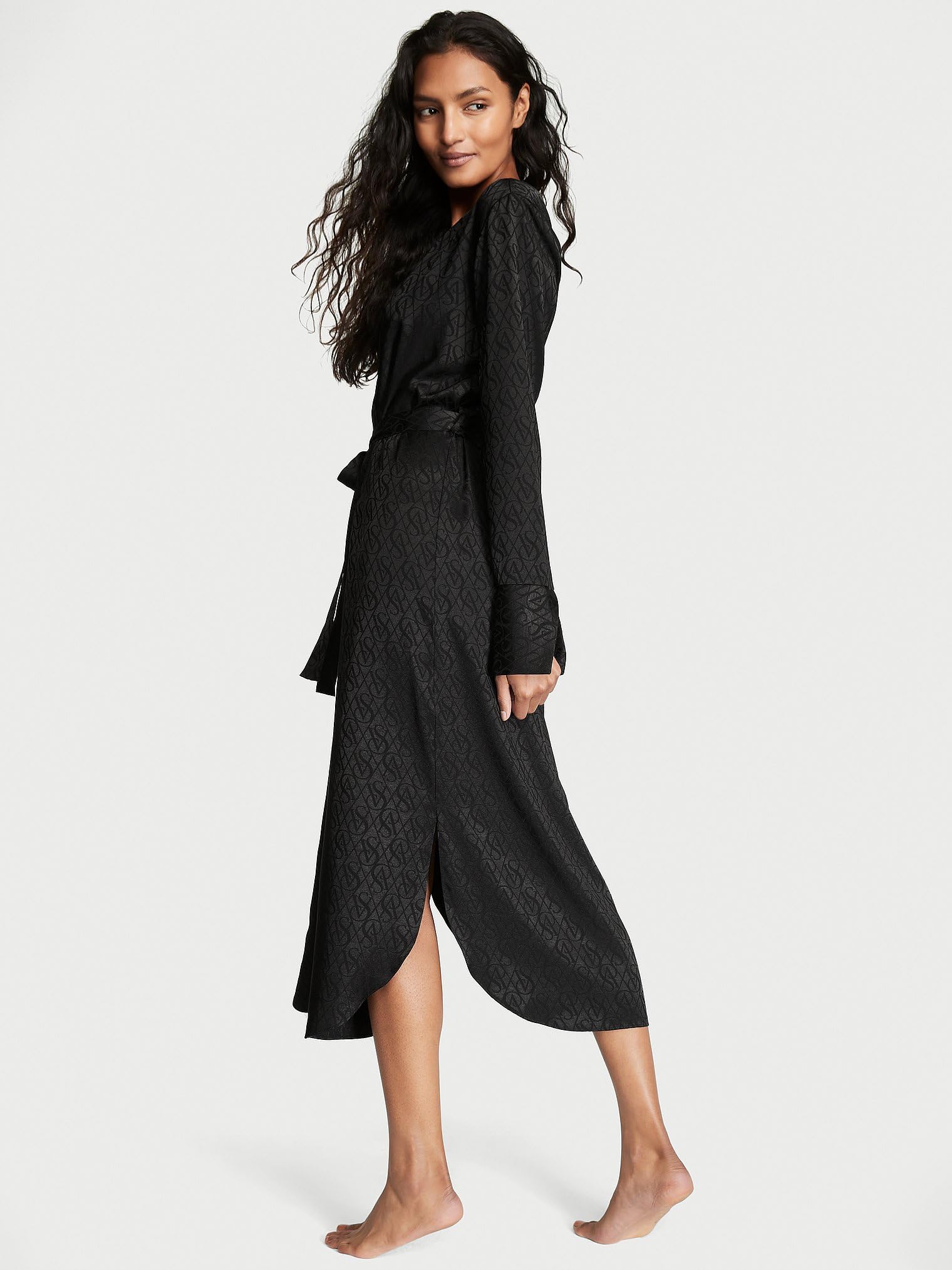 Victoria's Secret Icon Satin Long Robe, VS Logo Kimono, Women's Lingerie, Black (XS/S)