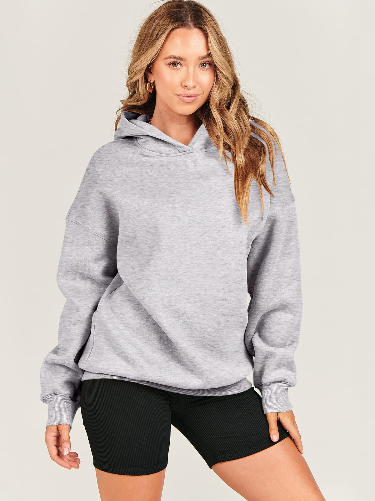 ANRABESS Women's Oversized Hoodies Long Sleeve Fleece Sweatshirts Solid Casual Hooded Pullover Loose Lightweight Fall Tops Clothes Grey A1023qianhuahui-L