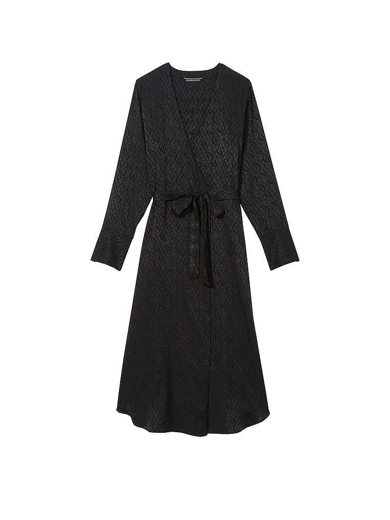 Victoria's Secret Icon Satin Long Robe, VS Logo Kimono, Women's Lingerie, Black (XS/S)