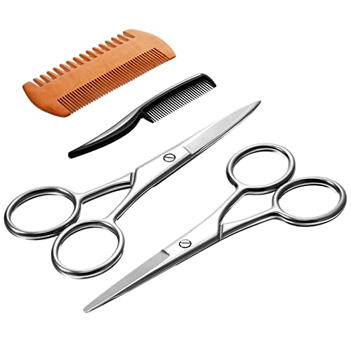 TecUnite 4 Pieces Beard Trimming Scissors Set, Grooming Scissors for Men and Mustache Beard Comb Beard Grooming Trim Scissor Kit with Storage Bag