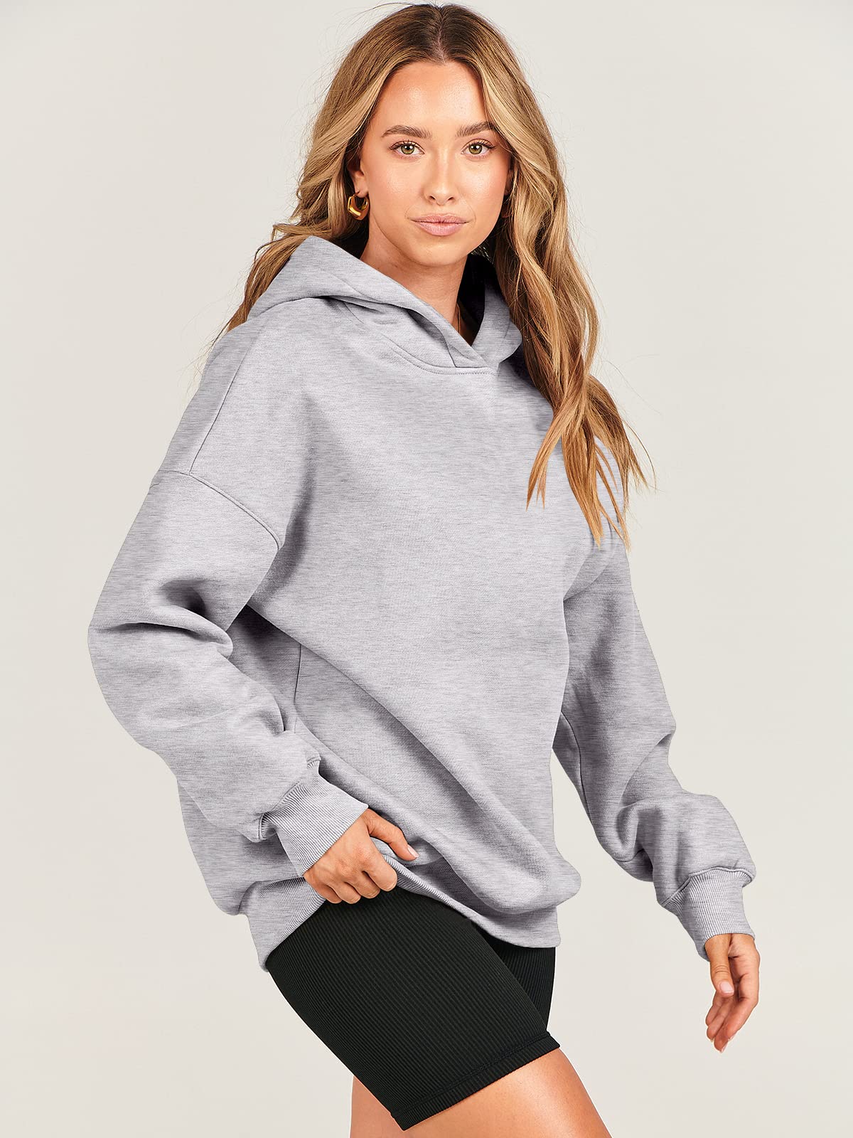 ANRABESS Women's Oversized Hoodies Long Sleeve Fleece Sweatshirts Solid Casual Hooded Pullover Loose Lightweight Fall Tops Clothes Grey A1023qianhuahui-L