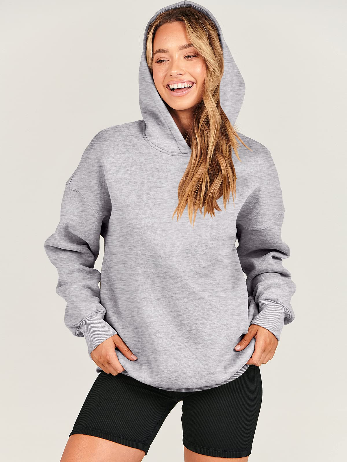 ANRABESS Women's Oversized Hoodies Long Sleeve Fleece Sweatshirts Solid Casual Hooded Pullover Loose Lightweight Fall Tops Clothes Grey A1023qianhuahui-L