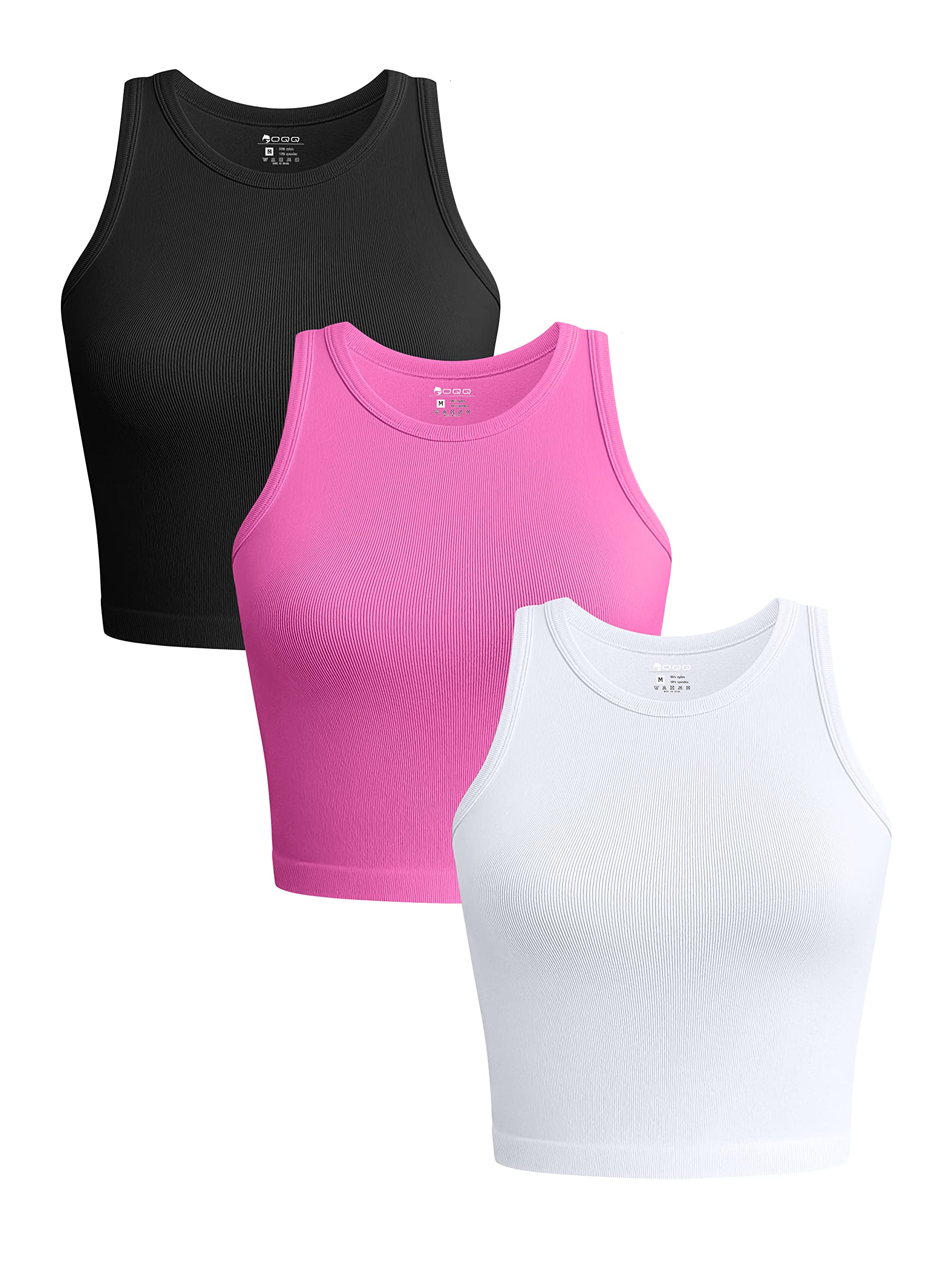 OQQ Women's 3 Piece Tank Shirt Ribbed Seamless Yoga Workout Exercise Racerback Crop, Black Rose White, Medium