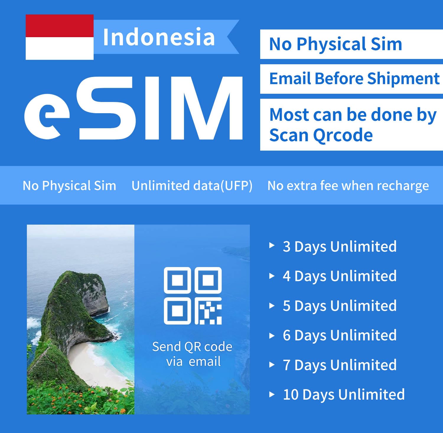 【UDBAC】 Indonesia eSIM Data Only SIM Card 3~10 Days Travel Internet Prepaid 4G-LTE High -Speed Traffic 2GB/Day Unlimited Low Speed (Online Delivery (7 Days Unlimited)