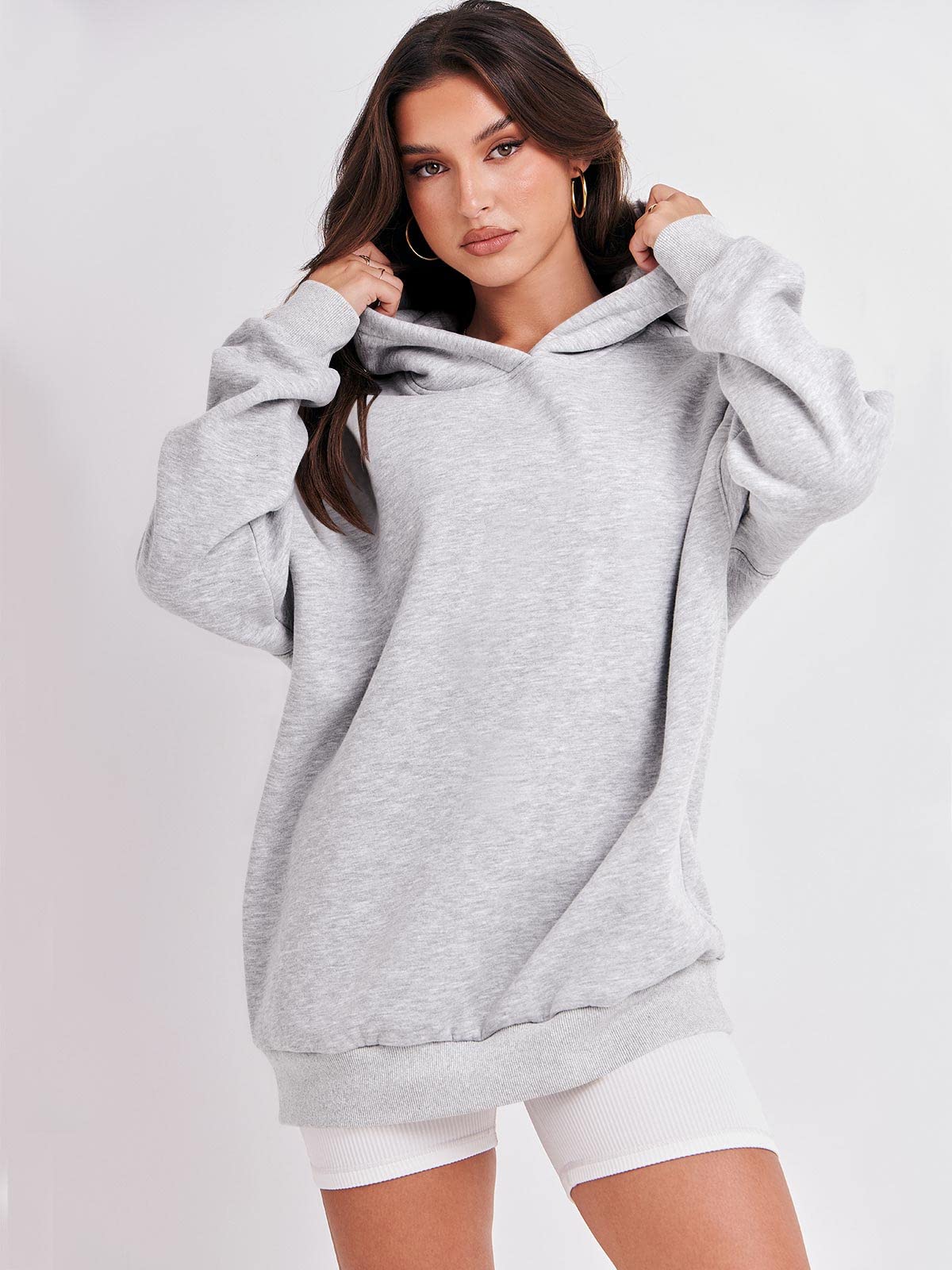 ANRABESS Women's Oversized Hoodies Long Sleeve Fleece Sweatshirts Solid Casual Hooded Pullover Loose Lightweight Fall Tops Clothes Grey A1023qianhuahui-L