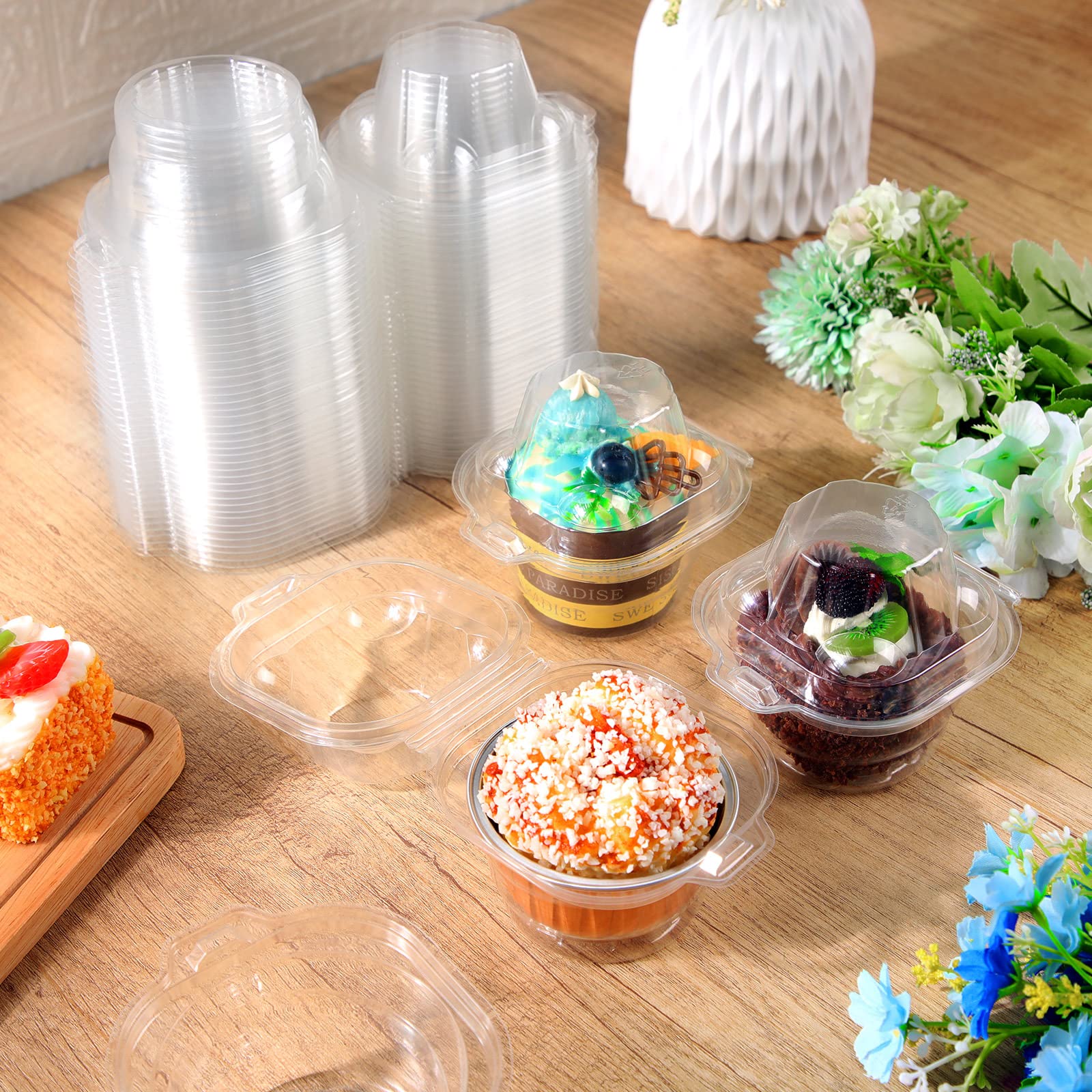 300 Pcs Individual Cupcake Containers Bulk Disposable Single Cupcake Boxes Plastic Cupcake Holder Stackable Cupcake Carriers Clear Cupcake Domes with Connected Lid for Food Wedding Baby Shower