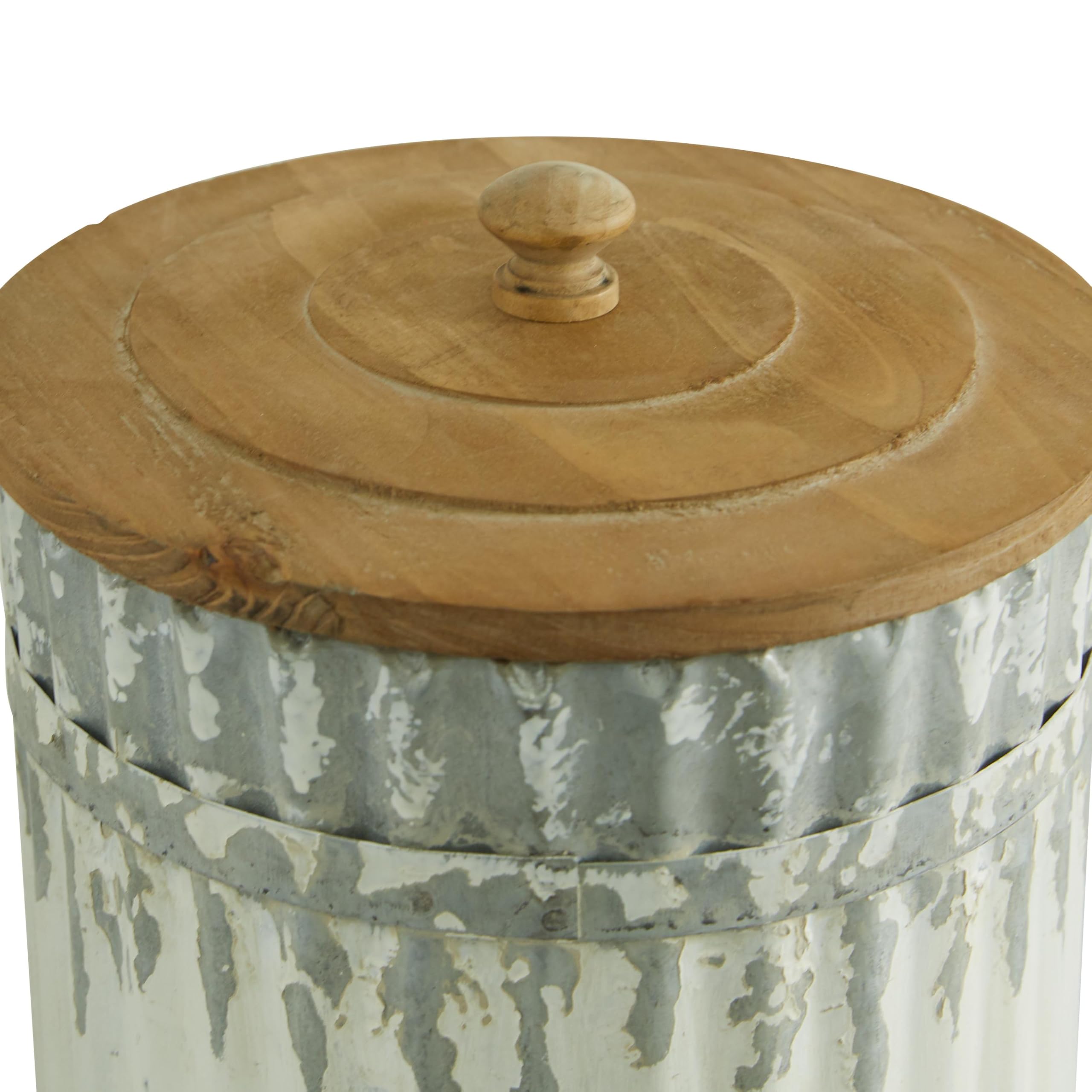 Deco 79 Metal Living Room Decorative Jars Distressed Decorative Container with Wood Lids, Set of 3 Jar with Lid 12", 10", 8"H, White