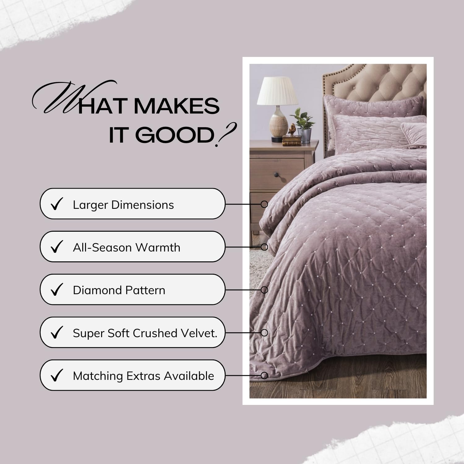 Tache Velvet Dreams Luxurious Velveteen Velour Super Soft Plush Warm Cozy Diamond Tufted Polka Dot Quilted Coverlet Light Purple Mauve Bedspread Set, King