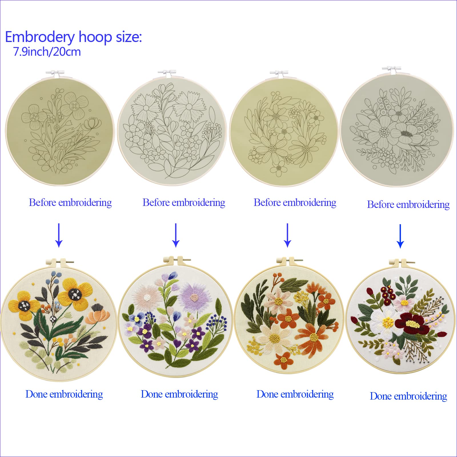 Bonroy 4 Sets Embroidery Kit for Beginners Art Craft Handy Sewing Include Embroidery Clothes with Pattern, Hoops, Instructions,Color Threads Needle Kit (Multi 1)