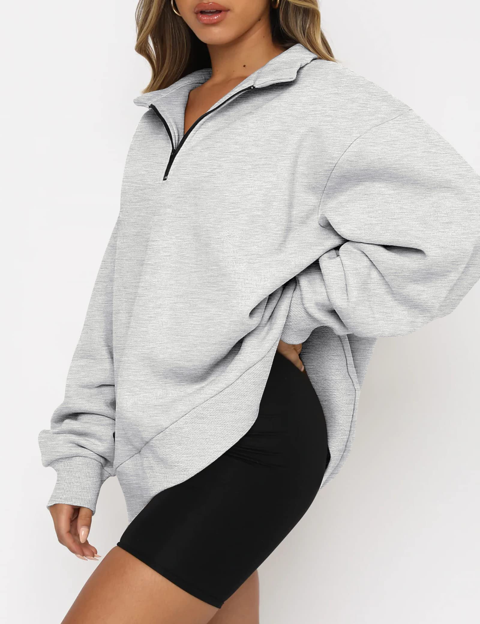 EFAN Womens Oversized Hoodies Quarter Zip Pullover Half Zip Sweatshirts Long Sleeve Sweaters Trendy Outfits Teen Girls Fall Y2K Tops Clothes Grey