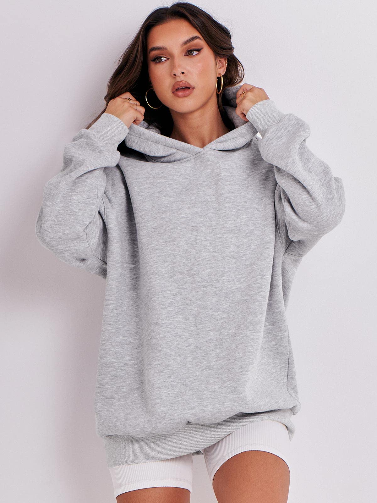 ANRABESS Women's Oversized Hoodies Long Sleeve Fleece Sweatshirts Solid Casual Hooded Pullover Loose Lightweight Fall Tops Clothes Grey A1023qianhuahui-L