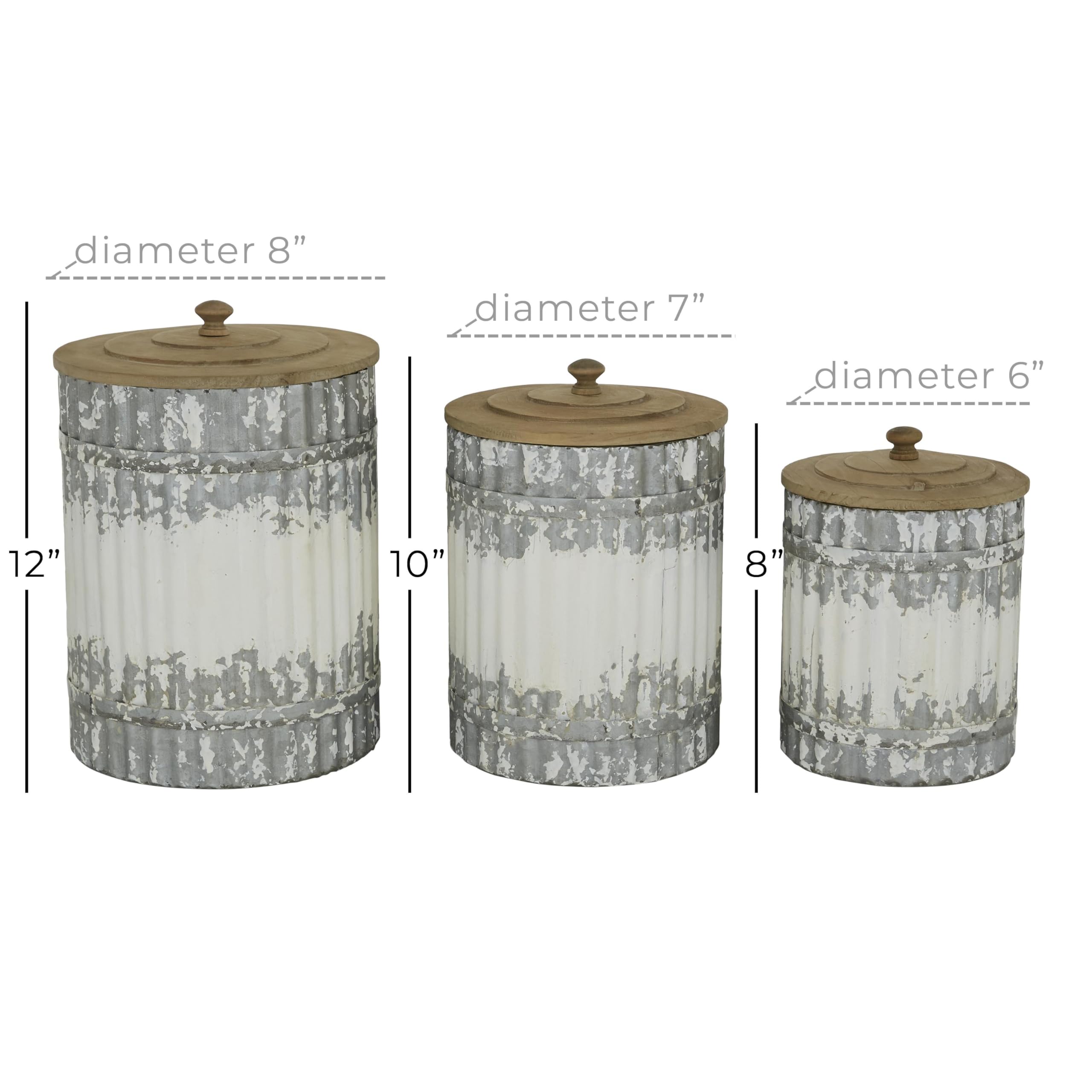Deco 79 Metal Living Room Decorative Jars Distressed Decorative Container with Wood Lids, Set of 3 Jar with Lid 12", 10", 8"H, White